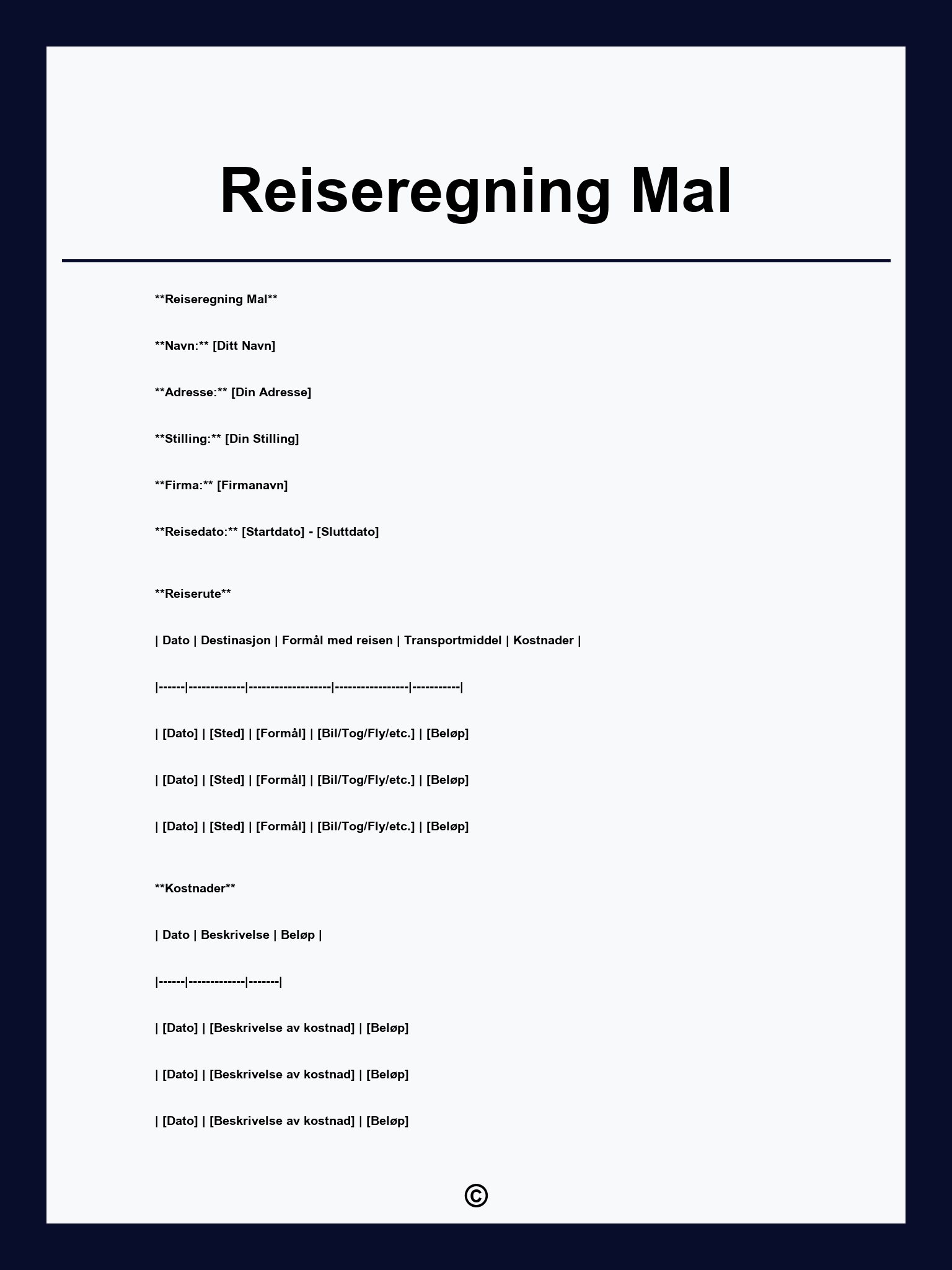 Reiseregning Mal
